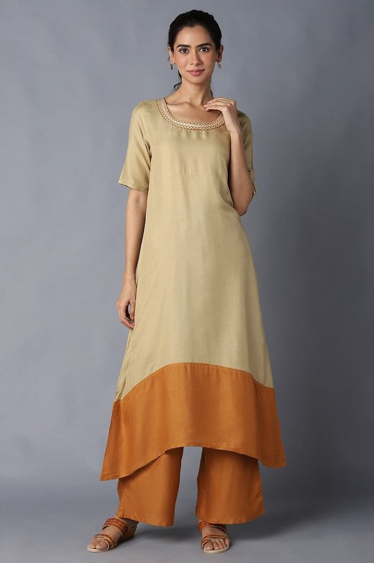 Buy Aure Collection By Aurelia Beige And Tawny Olive Colour Block kurta ...