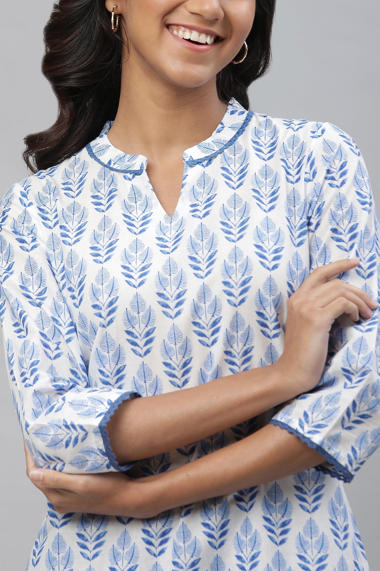 Buy White Cotton Kurta with Blue Print Online for Woman | Shop for Aurelia