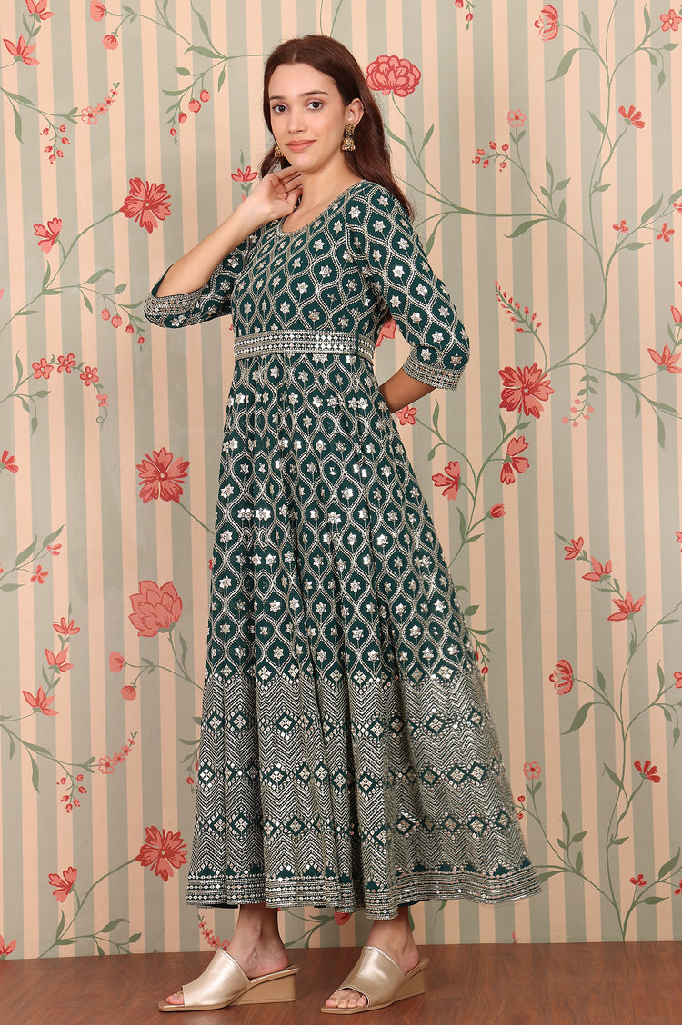 Buy Dark Green Zari Embroidered Flared Ethnic Dress and Dupatta Set ...