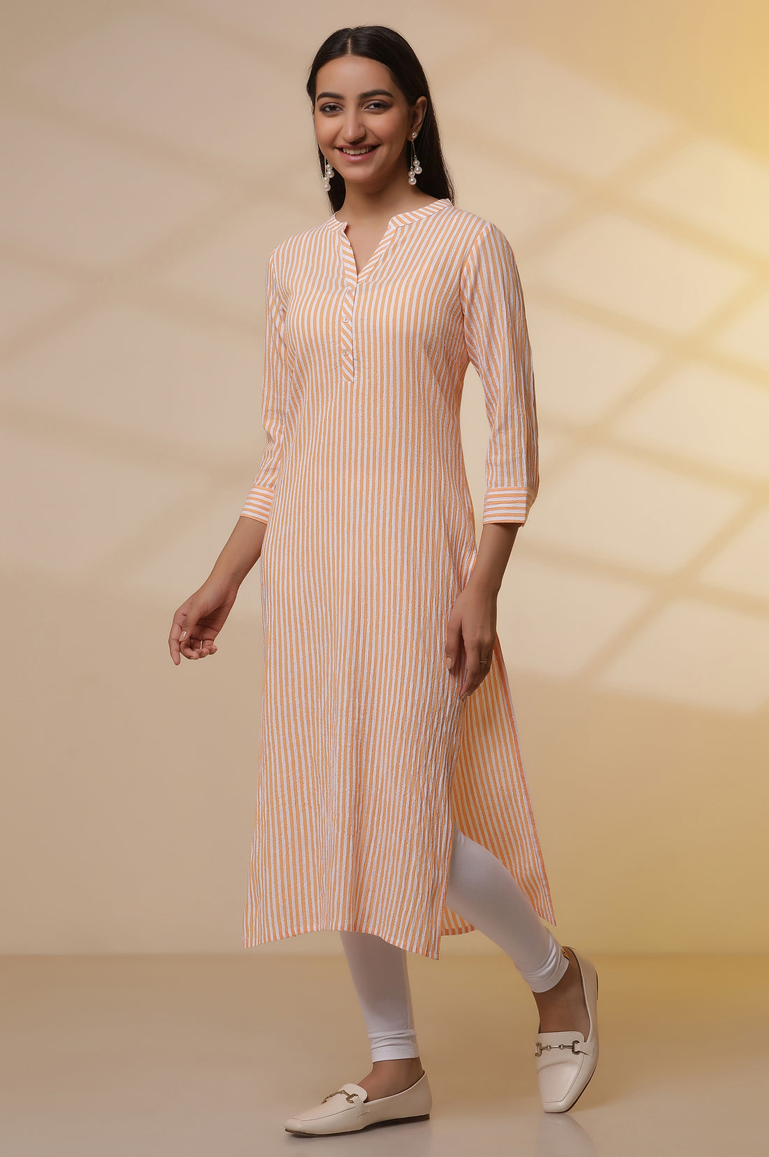 Buy Orange and White Striped Cotton Kurex Kurta and Tight Set Online ...