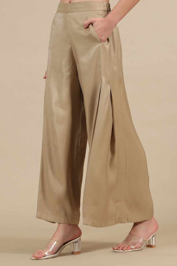 Buy Elleven Women's Gold Solid Flared Rayon Palazzo With Pleated Detail ...