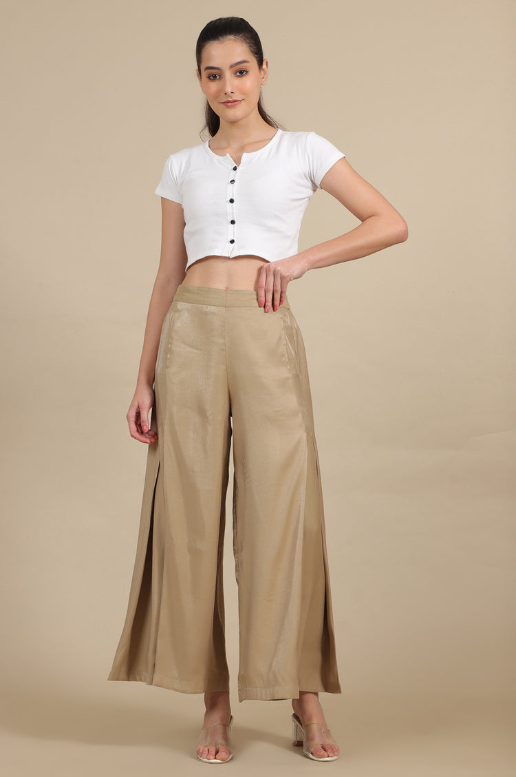 Buy Elleven Women's Gold Solid Flared Rayon Palazzo With Pleated Detail ...