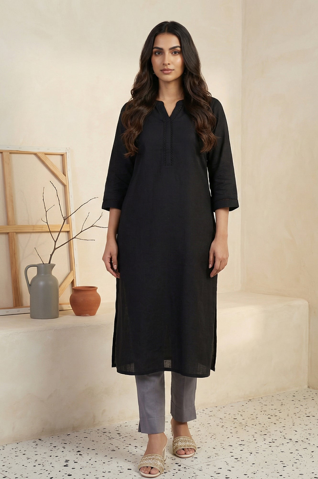 Buy Black Solid Lace Trim Straight Kurta Online for Woman | Shop for ...