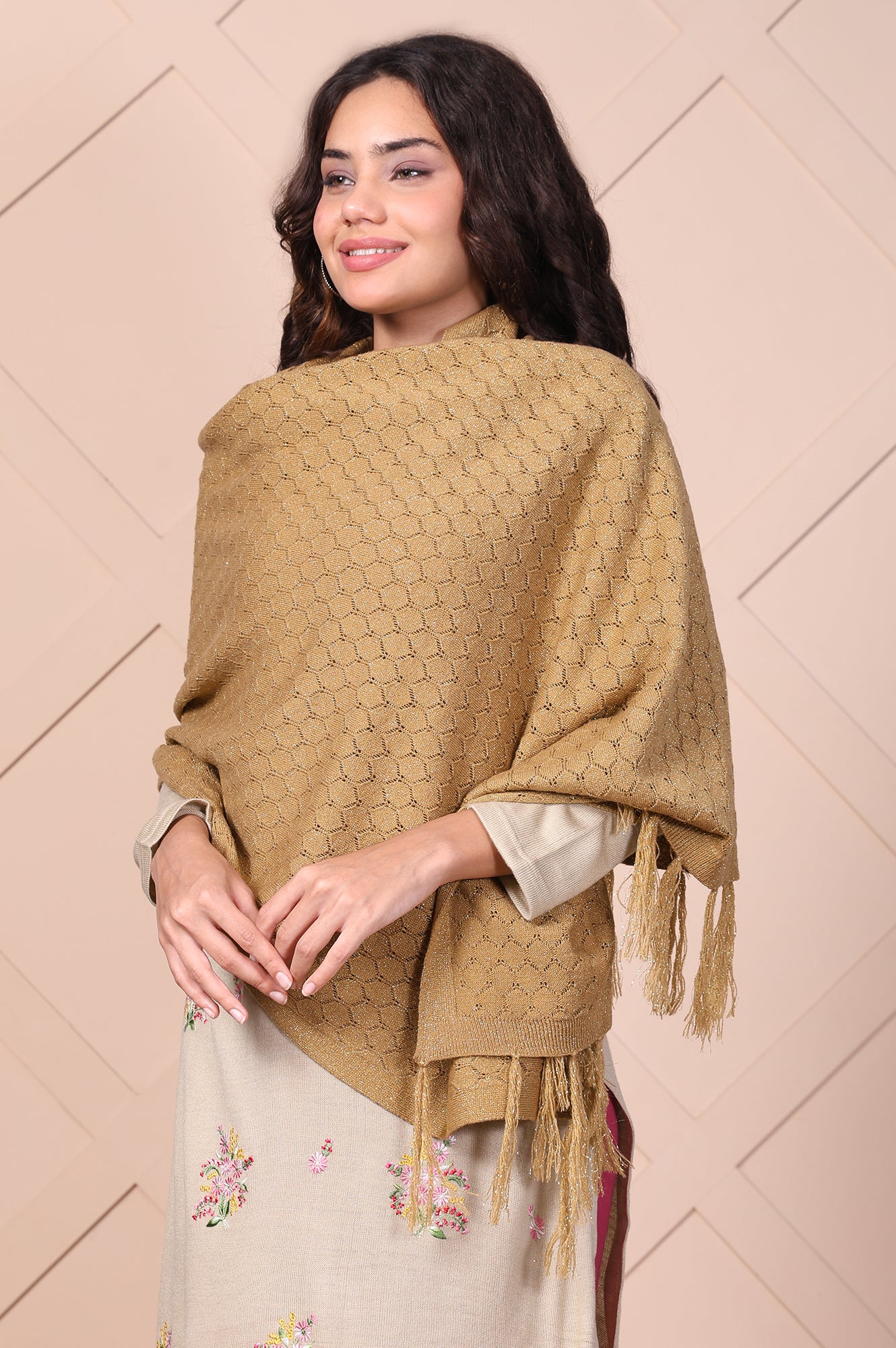 Buy Beige Textured Tasseled Acrylic Shawl Online for Woman | Shop for ...